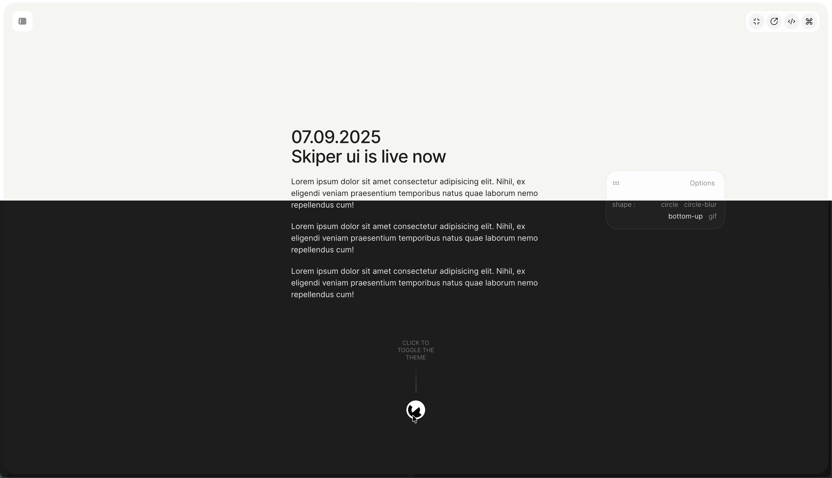 Theme toggle btn | Skiper UI | Skiper UI